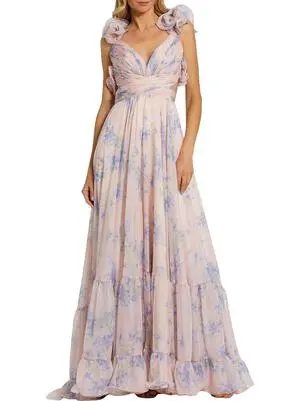 Mac Duggal Ruffle Tiered Floral Cut-out Chiffon Gown - Violet Multi