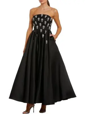 Mac Duggal Embellished Satin Strapless Tea-length Dress - Black