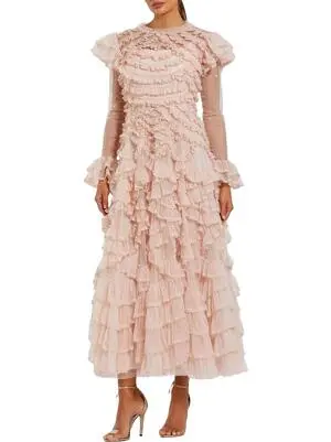 Mac Duggal Ruffled Lace Maxi Dress - Porcelain
