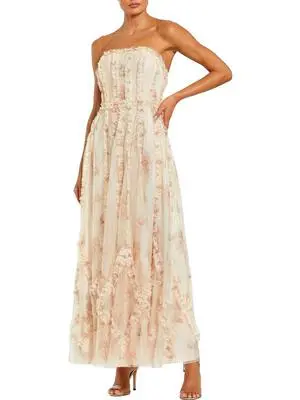 Mac Duggal Floral Mesh Ruffled Strapless Gown Ivory Multi