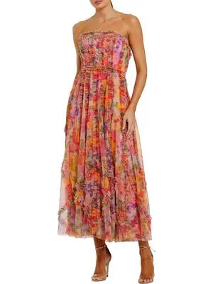 Mac Duggal Floral Mesh Ruffled Strapless Gown - Multi