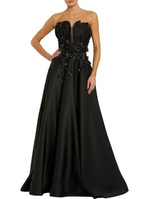 Mac Duggal Beaded Floral-appliquéd Charmeuse Strapless Gown - Black