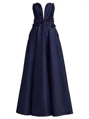 Mac Duggal Beaded Floral-appliquéd Charmeuse Strapless Gown Navy
