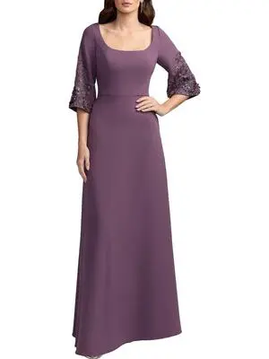 Mac Duggal Evening Beaded-sleeve Crepe Gown - Eggplant