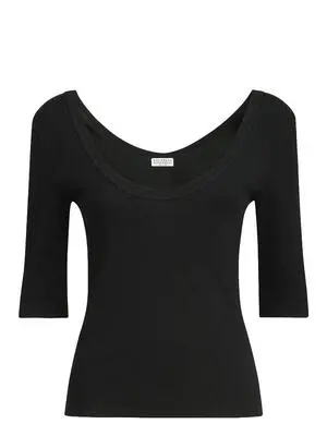 Brunello Cucinelli Stretch Cotton Ribbed Jersey T-shirt With Monili Black