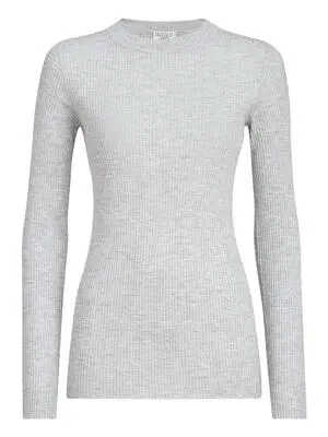 Brunello Cucinelli Sparkling Cashmere And Silk Rib Knit Lightweight Sweater - Light Grey
