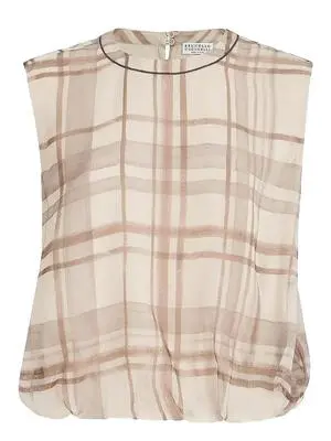 Brunello Cucinelli Silk Organza T-shirt In Macrocheck Print With Shiny Neck Detail - Beige