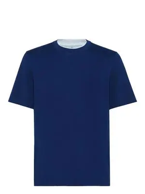 Brunello Cucinelli Cotton Jersey Crew Neck T-shirt With Faux Layering - Blue