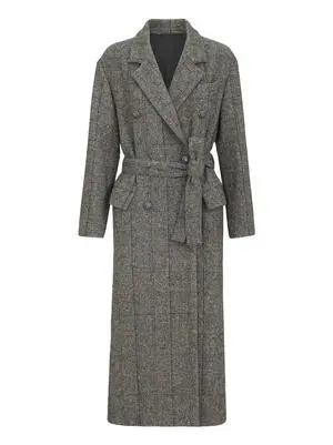 Brunello Cucinelli Techno Alpaca Check Tweed Coat With Monili - Dark Grey