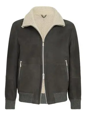 Brunello Cucinelli Suede Curly Shearling Bomber Jacket Grey