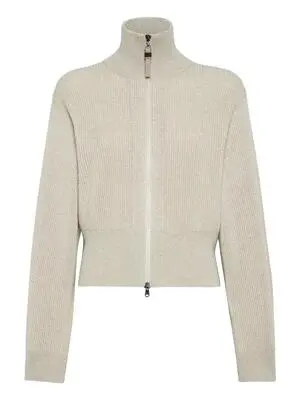 Brunello Cucinelli Sparkling Cashmere English Rib Cardigan With Shiny Zipper Pull - Sand