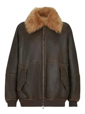 Brunello Cucinelli Vintage-effect Shearling Bomber Jacket With Shiny Zipper Pull - Hazelnut