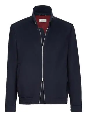 Brunello Cucinelli Virgin Wool Beaver Cloth Bomber Jacket With Zipper Navy Blue
