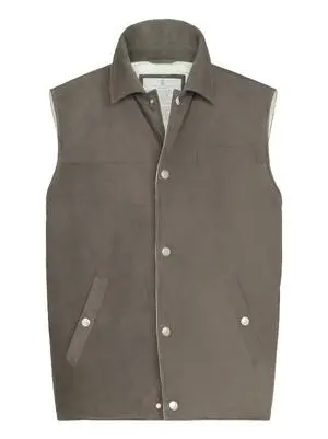 Brunello Cucinelli Suede Down Vest With Shirt-style Collar - Grey
