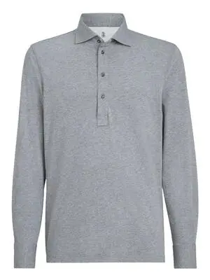 Brunello Cucinelli Cotton Jersey Long Sleeve Polo Shirt Medium Grey