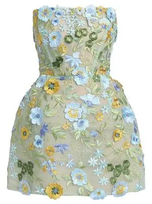 BRONX BANCO Jasmine Maraya Floral Appliqué Strapless Minidress - Blue Multi