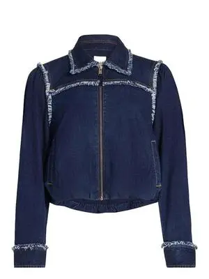 Cinq À Sept Indria Denim Fringe Crop Bomber Jacket - Twilight