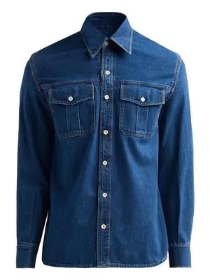 Isaia Cotton Denim Pocket Shirt - Medium Blue