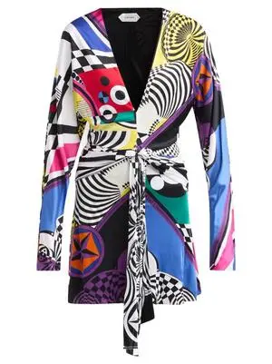 VERSACE Printed Jersey Tie-waist Mini Dress