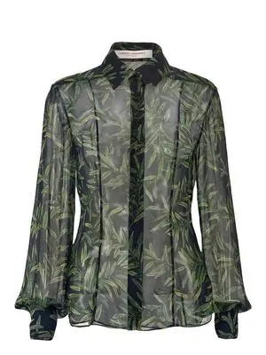 Carolina Herrera Leaf-print Silk Sheer Shirt - Midnight Multi