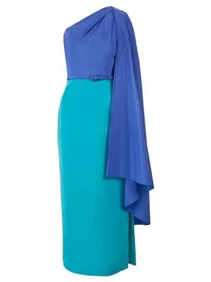 Carolina Herrera Colorblocked Silk Draped Shoulder Sheath Gown - Turquoise Multi