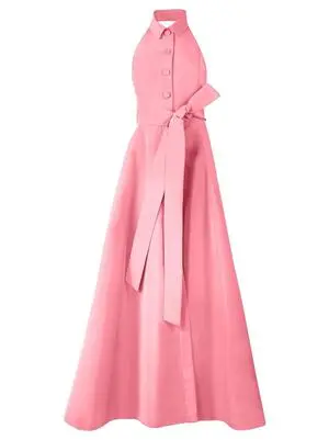 Carolina Herrera Collared Halter Silk A-line Gown - Sunset