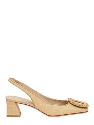 Santoni Lemon 50mm Raffia & Leather Slingback Pumps - Beige
