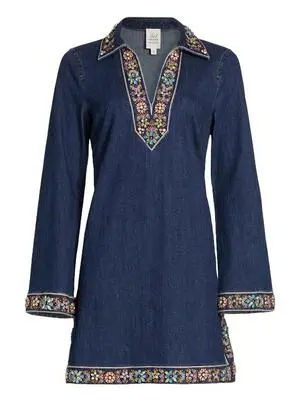Cinq À Sept Pierson Beaded Embellished Denim Mini-shirtdress - Abyss