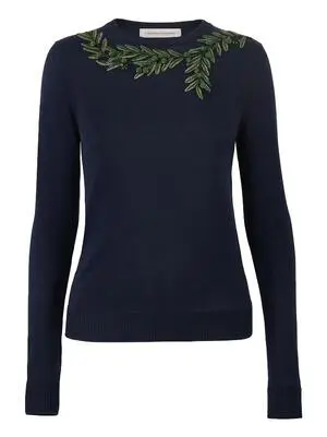 Carolina Herrera Leaf Embroidered Silk-cotton Sweater - Midnight Multi