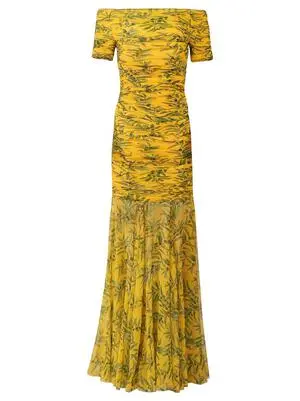 Carolina Herrera Olive Branch Off-the-shoulder Gathered Silk Gown - Daffodil Multi