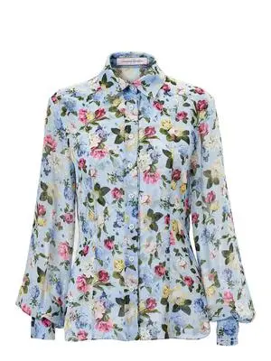 Carolina Herrera Cabana Isabella Floral Silk Shirt - Cloudy Blue Multi