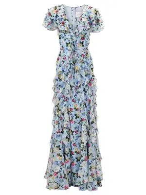 Carolina Herrera Cabana Ruffled V-neck Short-sleeve Maxi Dress - Cloudy Blue Multi