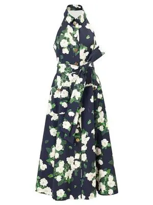 Carolina Herrera Cabana Floral Halterneck Button-front Cotton-blend Midi-dress - Midnight Multi