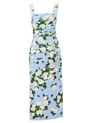 Carolina Herrera Cabana Floral Draped Thick-strap Cotton-blend Midi-dress - Cloudy Blue Multi
