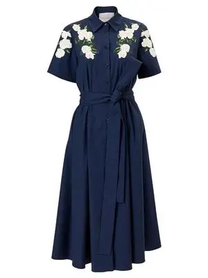 Carolina Herrera Cabana Embroidered Short-sleeve Midi Shirtdress - Midnight