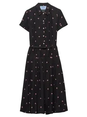 Prada Floral Print Washed Silk Dress - Black Multi