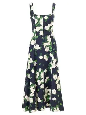 Carolina Herrera Cabana Floral Squareneck Sleeveless Cotton-blend Midi-dress - Midnight Multi