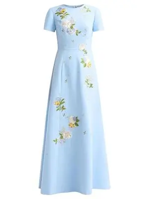 Carolina Herrera Floral Embroidered Short-sleeve Gown - Cloudy Blue