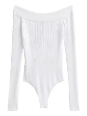 Alaïa Off-the-shoulder Long-sleeve Rib-knit Bodysuit Blanc