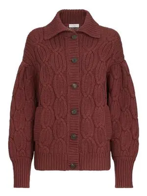 Brunello Cucinelli Cashmere Feather Yarn Heritage Cable Cardigan Ruby