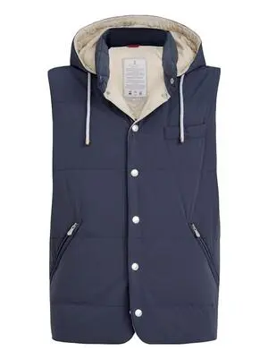 Brunello Cucinelli Bonded Nylon Down Vest With Detachable Hood - Blue