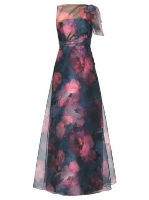 KAY UNGER Jocelyn Poppy Print Chiffon A-line Gown - Chambray Multi