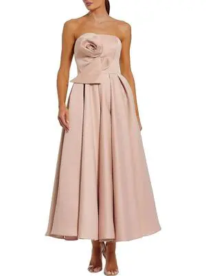 Mac Duggal Rosette Satin Strapless A-line Midi-dress - Rose Pink