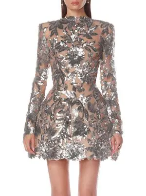 BRONX BANCO Sequined Floral Long-sleeve Mini Dress