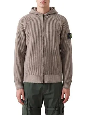 Stone Island Hooded Cashmere Zip-up Cardigan With Compass Logo Patch - Biscuit