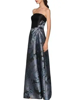KAY UNGER Eva Dauphine Jacquard Asymmetric Gown - Chambray Multi