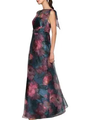 KAY UNGER Jocelyn Poppy Print Chiffon A-line Gown