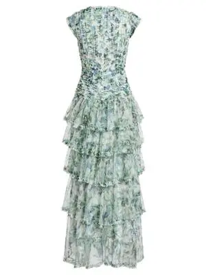 Mac Duggal Floral Mesh Ruffled V-neck Maxi Dress - Blue Multi