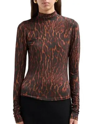 GANNI Printed Shiny Jersey Turtleneck Top - Rawhide