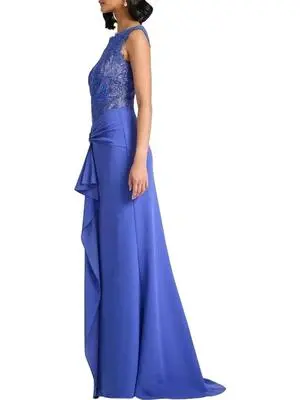 Tadashi Shoji Evelise Ruffled Lace Gown - Blue Iris